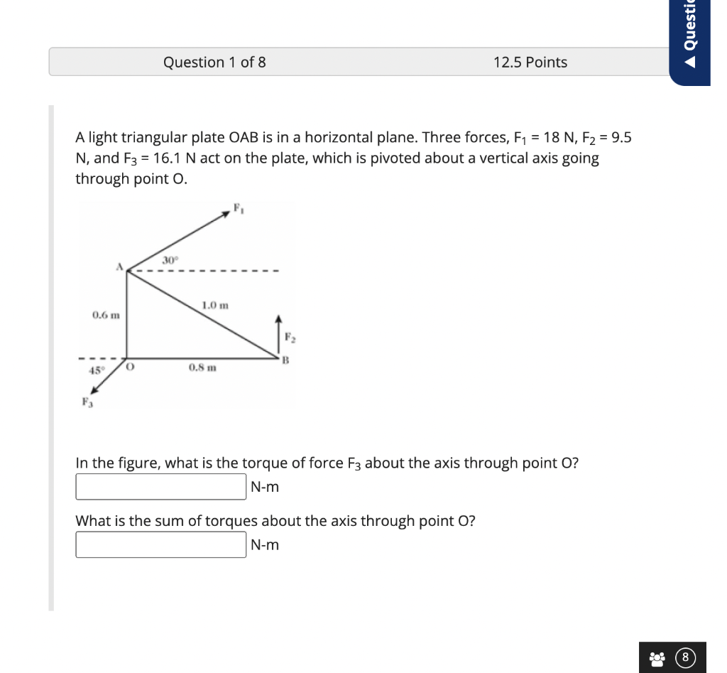 Solved A light triangular plate OAB is in a horizontal | Chegg.com