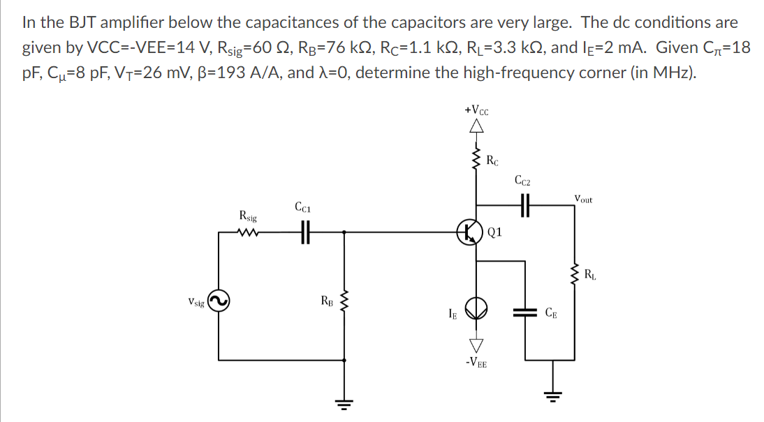 Solved In the BJT amplifier below the capacitances of the | Chegg.com