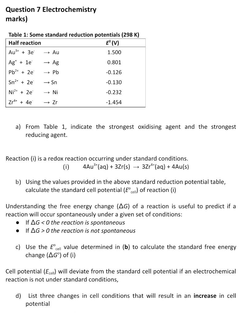 Solved Question 7 Electrochemistry marks) Table 1: Some | Chegg.com