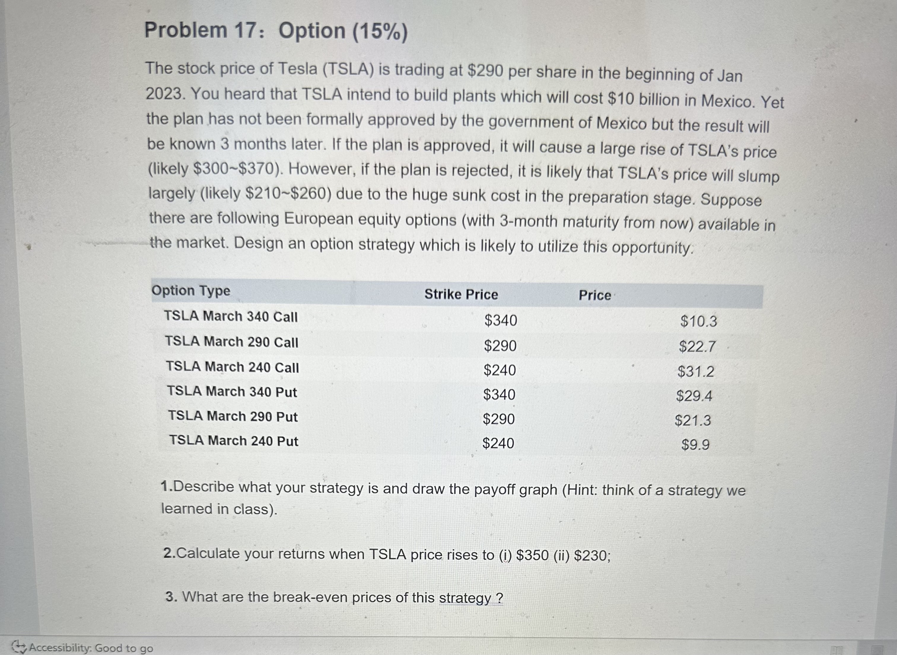 Solved Problem 17: Option (15\%) The stock price of Tesla | Chegg.com