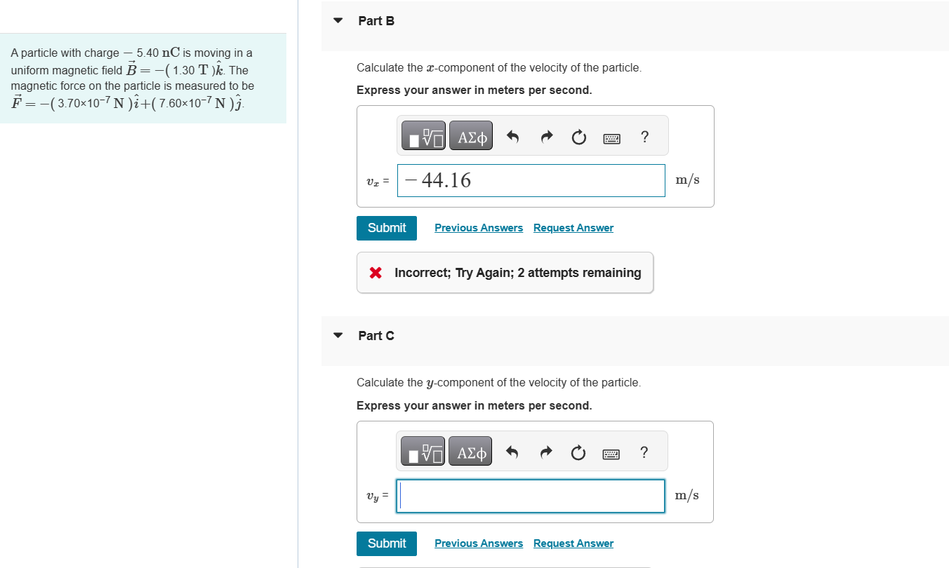 Solved A particle with charge −5.40nC is moving in a uniform | Chegg.com