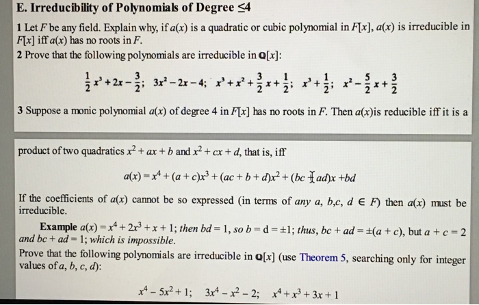 Solved E. Irreducibility of Polynomials of Degree S4 1 Let F | Chegg.com