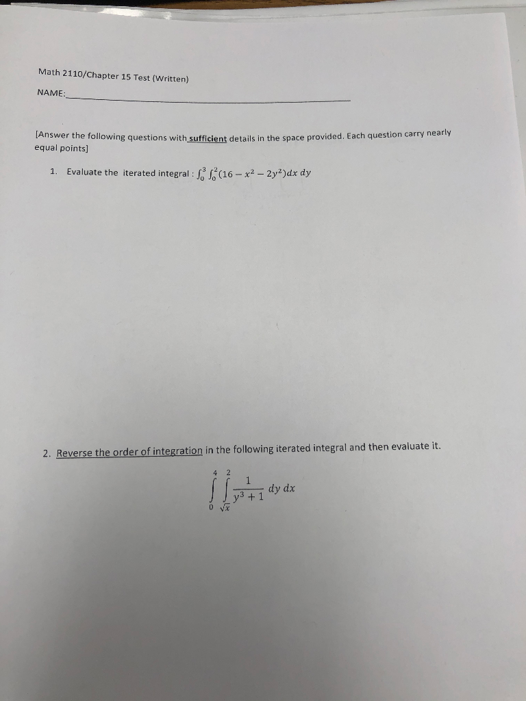 Solved Math 2110/Chapter 15 Test (Written) NAME: owing | Chegg.com