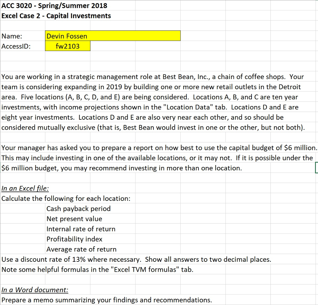 Solved Excel Project 2. You may use Excel and | Chegg.com