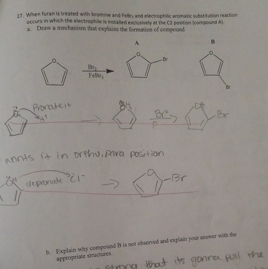 Solved 27. When furan is treated with bromine and FeBra and | Chegg.com