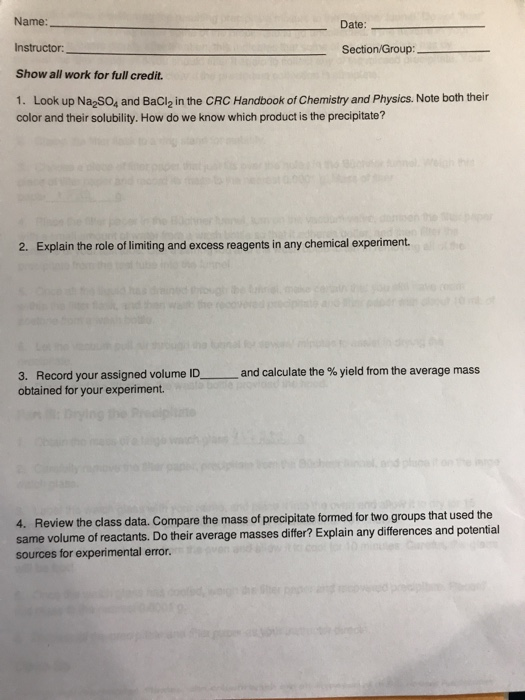 Solved Name: Instructor Show all work for full credit. 1. | Chegg.com