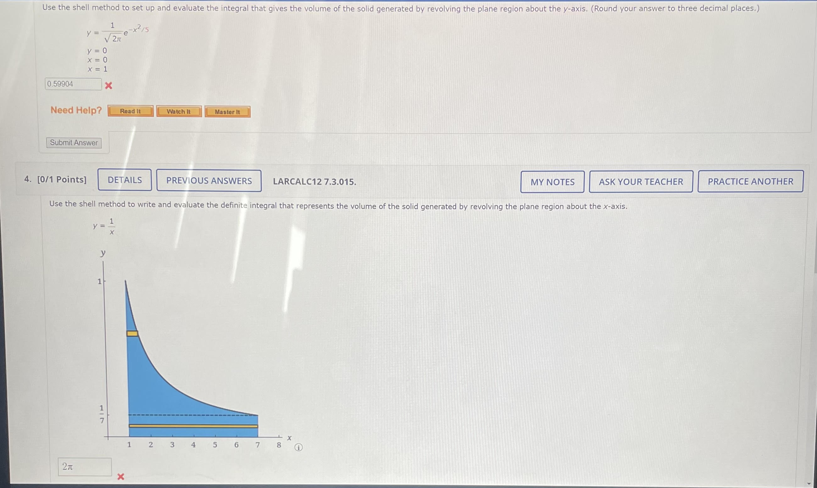 Solved y=2π1e−x2/5y=0x=0x=1 [0/1 Points] LARCALC12 7.3.015. | Chegg.com