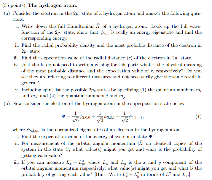 Solved (35 ﻿points) ﻿The hydrogen atom.(a) ﻿Consider the | Chegg.com