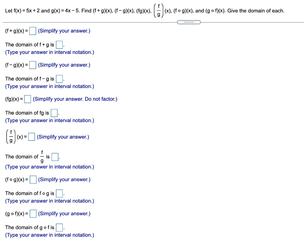 Solved Let f(x) = 5x + 2 and g(x) = 4x - 5. Find (f+g)(x), | Chegg.com