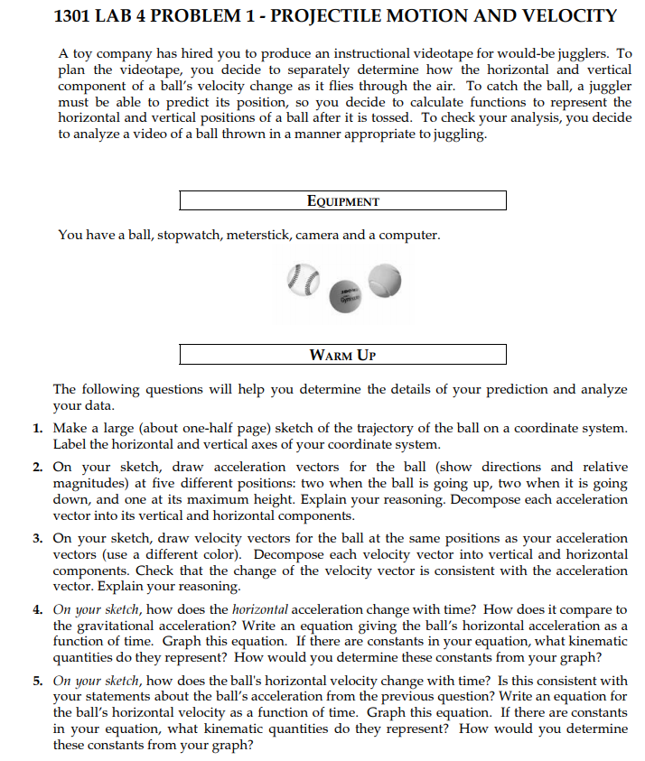 Solved 1301 LAB 4 PROBLEM 1 - PROJECTILE MOTION AND VELOCITY | Chegg.com