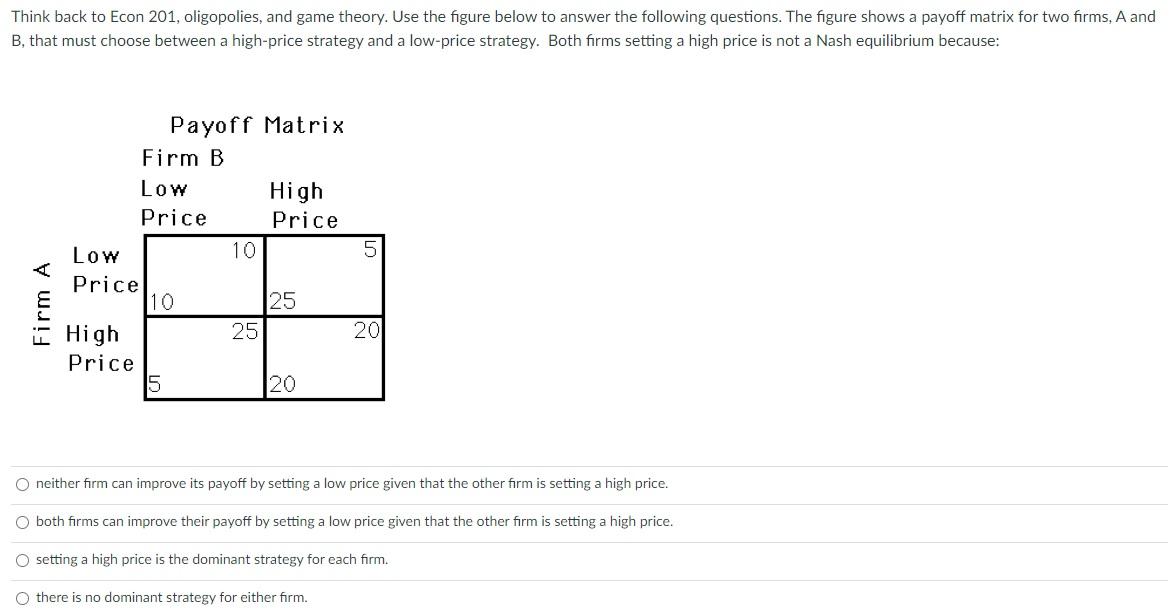 Solved Think back to Econ 201, oligopolies, and game theory. | Chegg.com