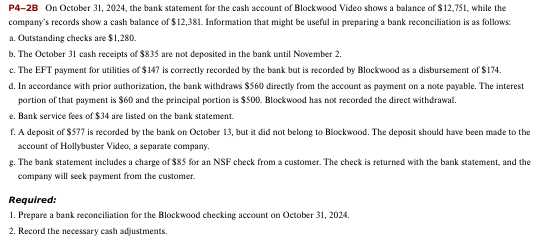 Solved P4-2B On October 31, 2024, the bank statement for the | Chegg.com