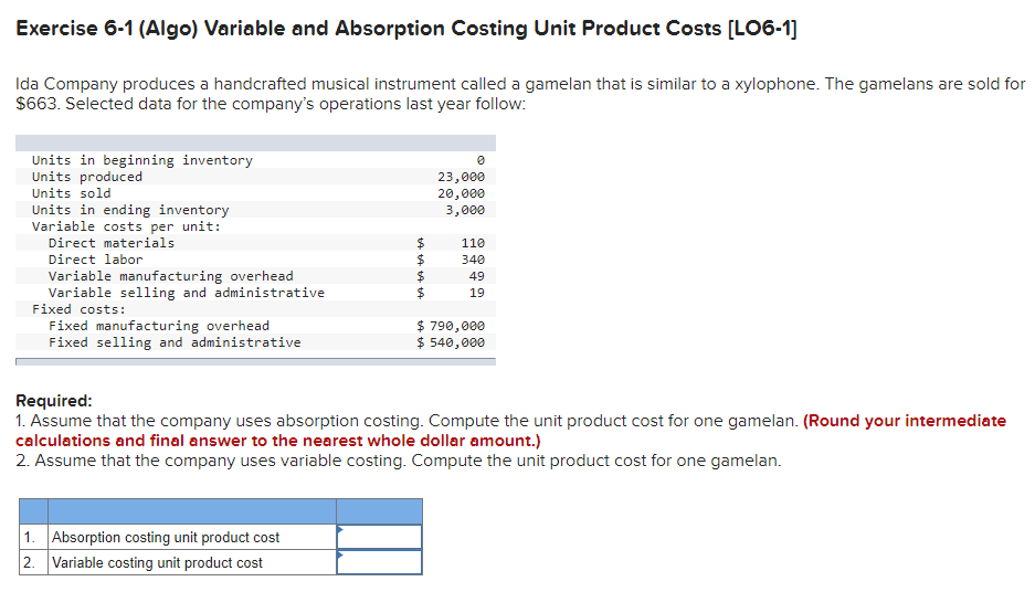 Solved Exercise 6-1 (Algo) Variable and Absorption Costing | Chegg.com
