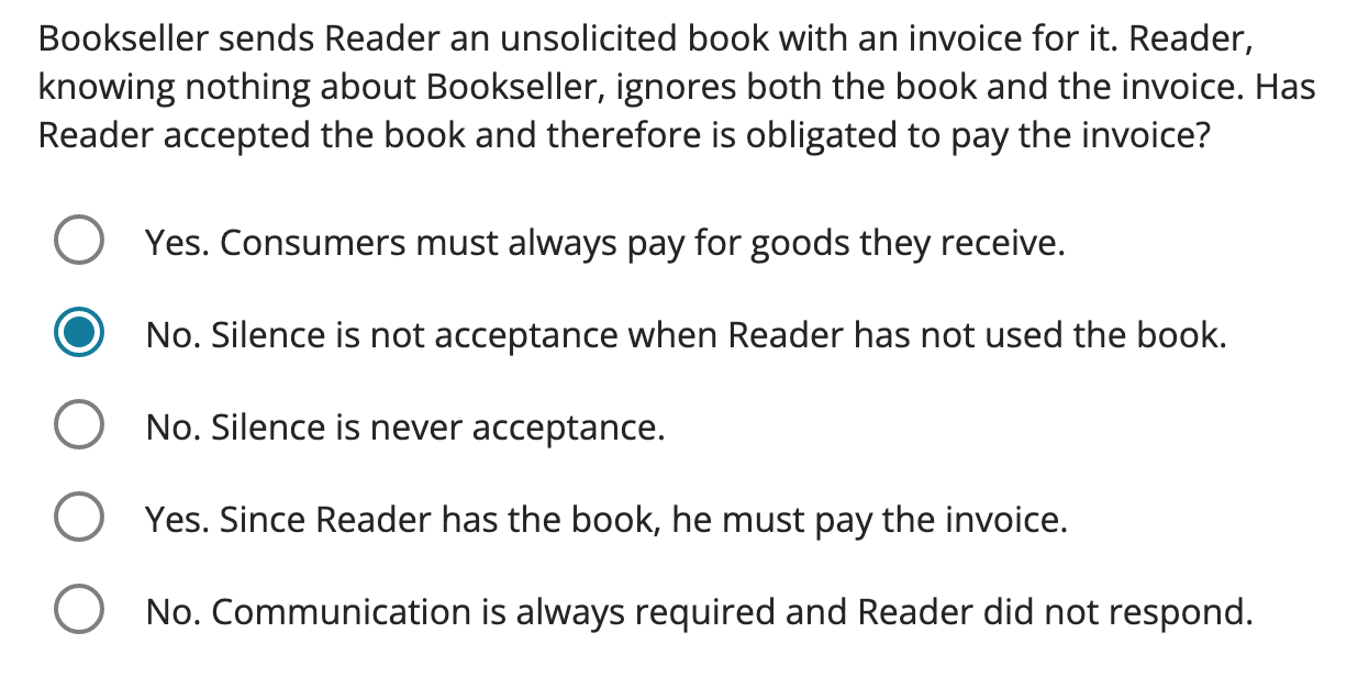 Solved Bookseller sends Reader an unsolicited book with an | Chegg.com