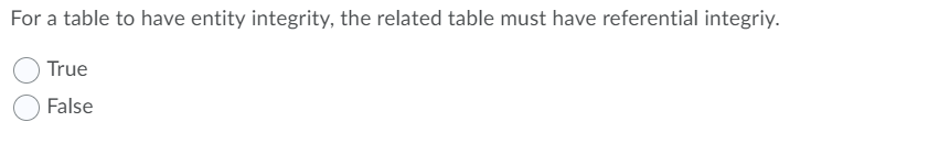 Solved For a table to have entity integrity, the related | Chegg.com