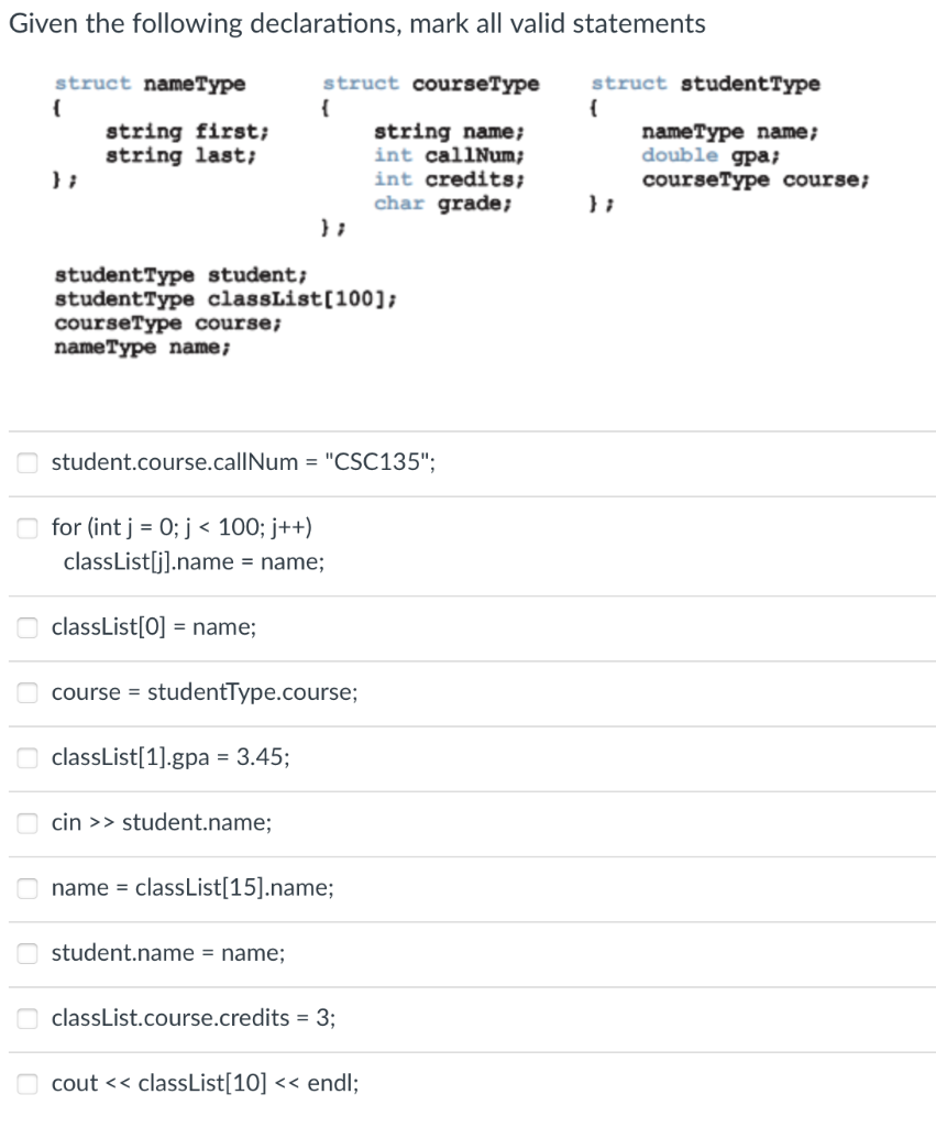 Solved Given the following declarations, mark all valid | Chegg.com