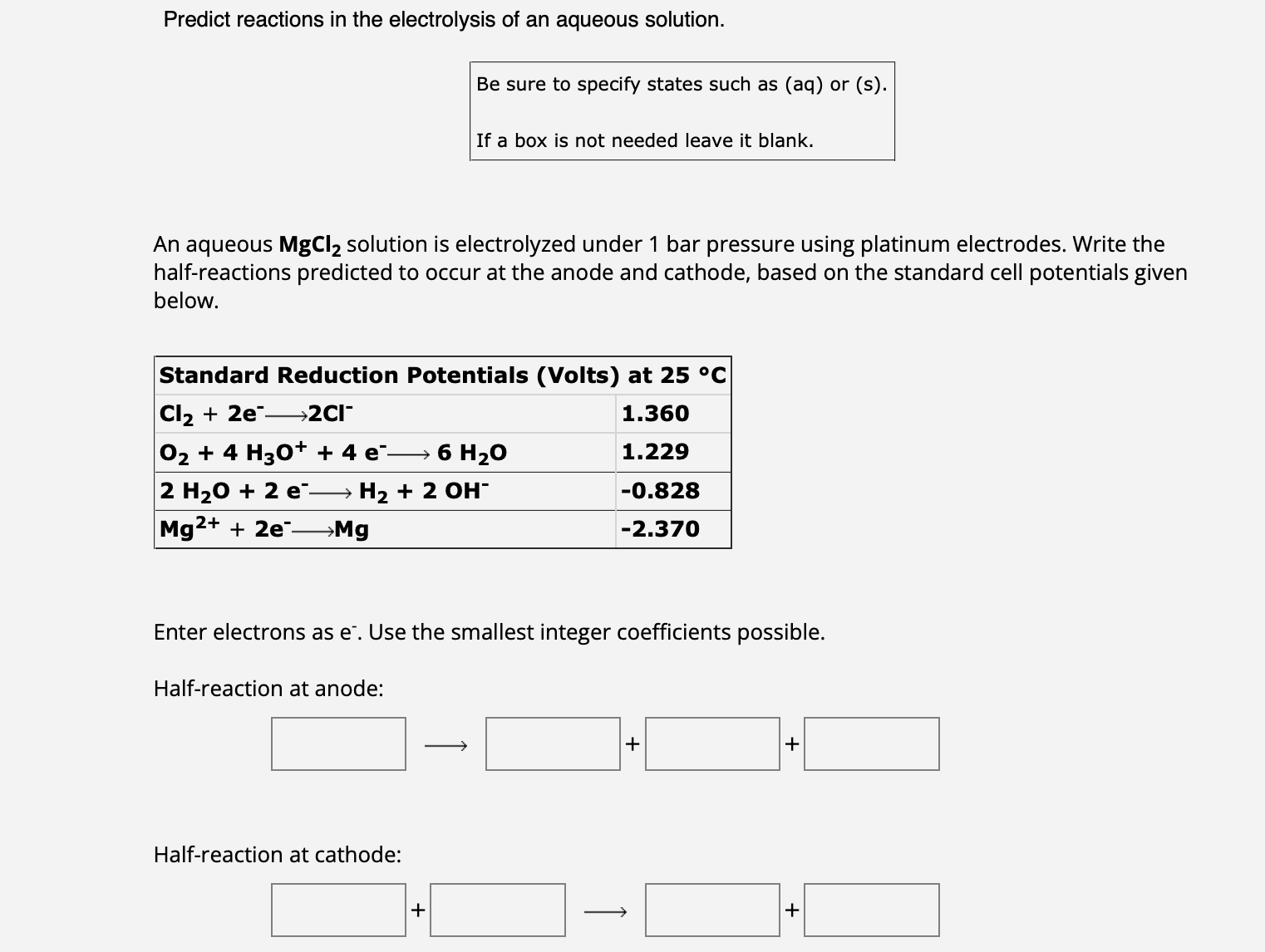 Solved Predict reactions in the electrolysis of an aqueous | Chegg.com