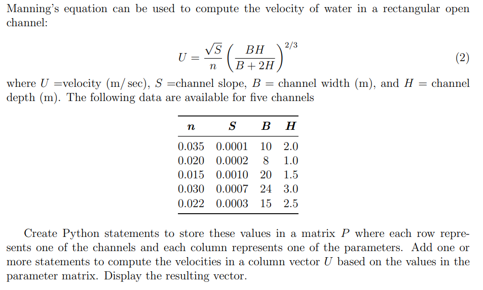 Solved Manning's equation can be used to compute the | Chegg.com