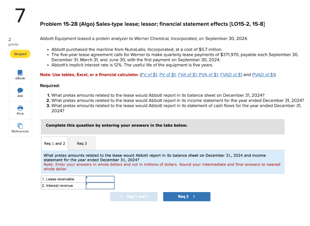 Solved Problem 15-28 (Algo) Sales-type lease; lessor; | Chegg.com