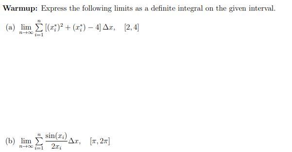 Solved Warmup: Express the following limits as a definite | Chegg.com
