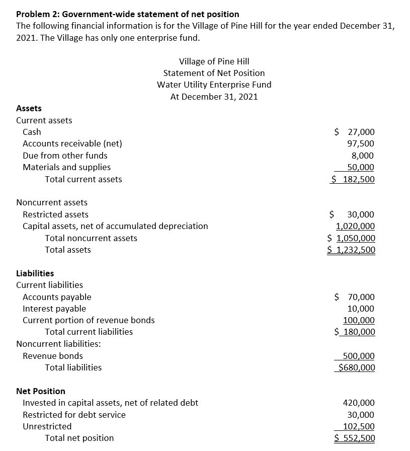 Problem 2: Government-wide statement of net position | Chegg.com
