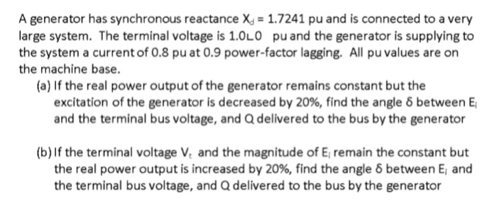 Solved A generator has synchronous reactance X 1.7241 pu and | Chegg.com