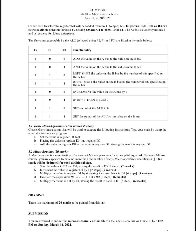 COMP2340 Lab #4 - Micro-instructions Sem 2, 2020/2021 | Chegg.com