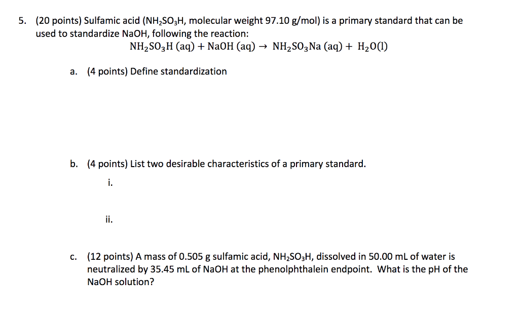 Solved (20 points) Sulfamic acid (NH2SO3H, molecular weight | Chegg.com