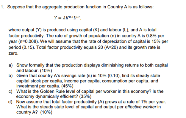 Solved 1. Suppose that the aggregate production function in | Chegg.com