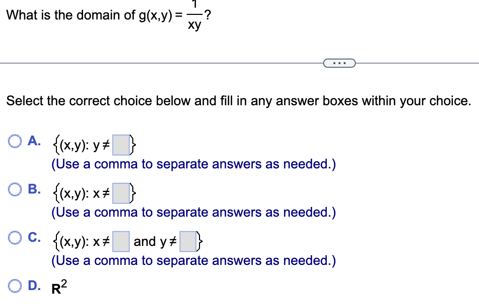 Solved What is the domain of g(x,y)=xy1 ? Select the correct | Chegg.com