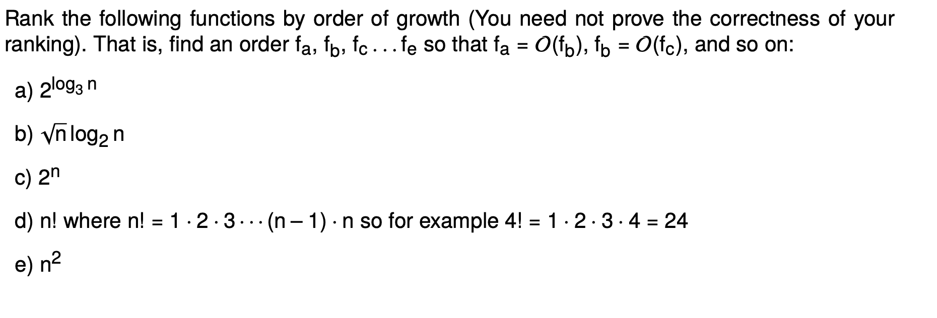 Rank the following functions by order of growth (You | Chegg.com