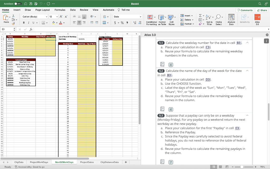 Solved 5.1 Calculate the weekday number for the date in cell | Chegg.com