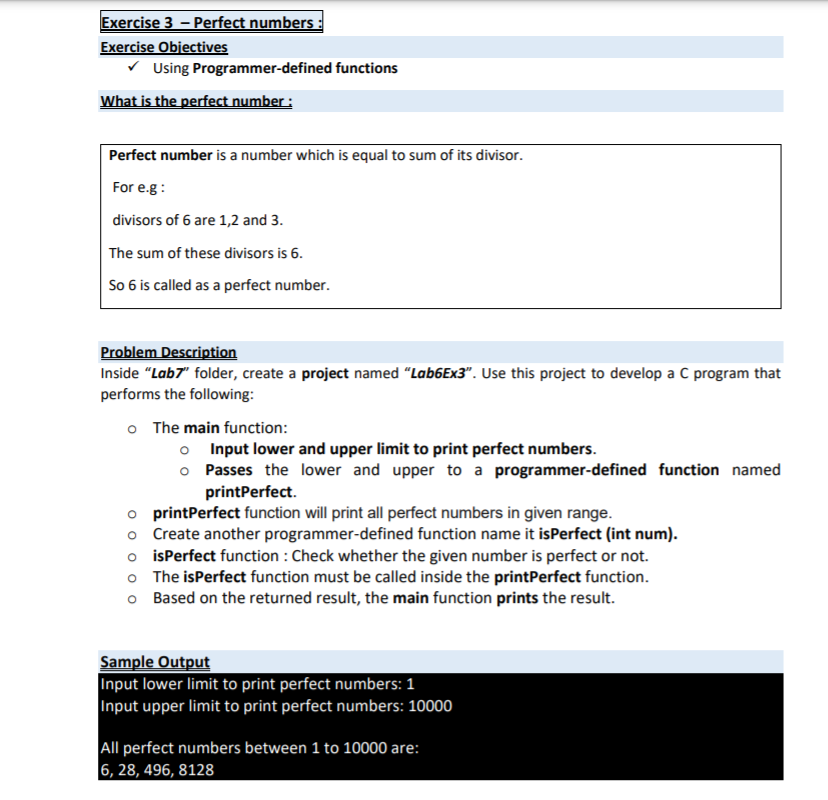 Solved Exercise 3 - Perfect numbers Exercise Objectives | Chegg.com