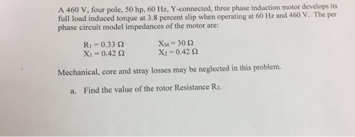 Solved A 460 V, four pole, 50 hp, 60 Hz, Y-connected, three | Chegg.com