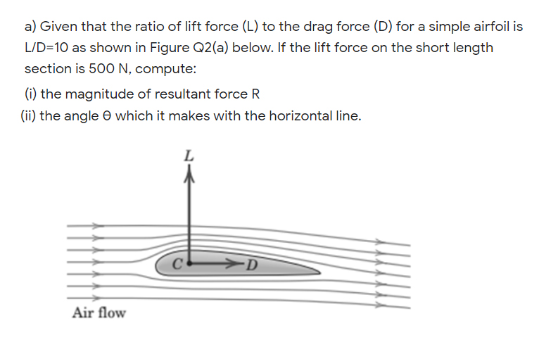 Solved a) Given that the ratio of lift force (L) to the drag | Chegg.com