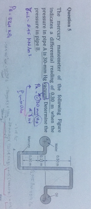 Solved Question 5 The mercury manometer of the following | Chegg.com
