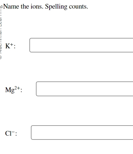 Solved Name the ions. Spelling counts.K+:Mg2+:Cl-: | Chegg.com