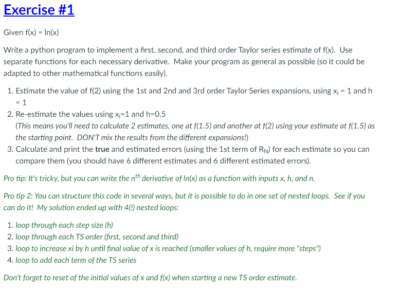 Exercise #1 Given f(x) = In(x) Write a python program | Chegg.com