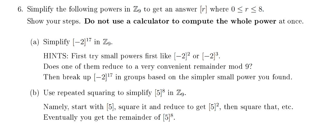Simplify the following powers in Z9 ﻿to get an answer | Chegg.com