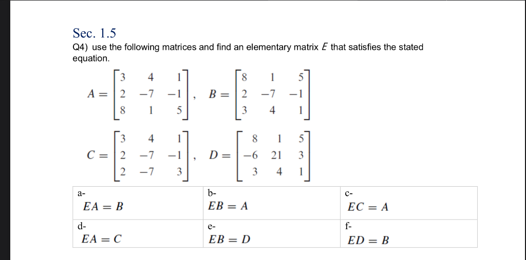 Solved Sec 1 5 Q4 Use The Following Matrices And Find An