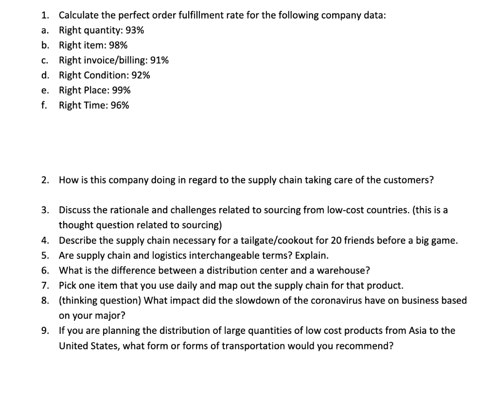 Solved 1. Calculate the perfect order fulfillment rate for | Chegg.com
