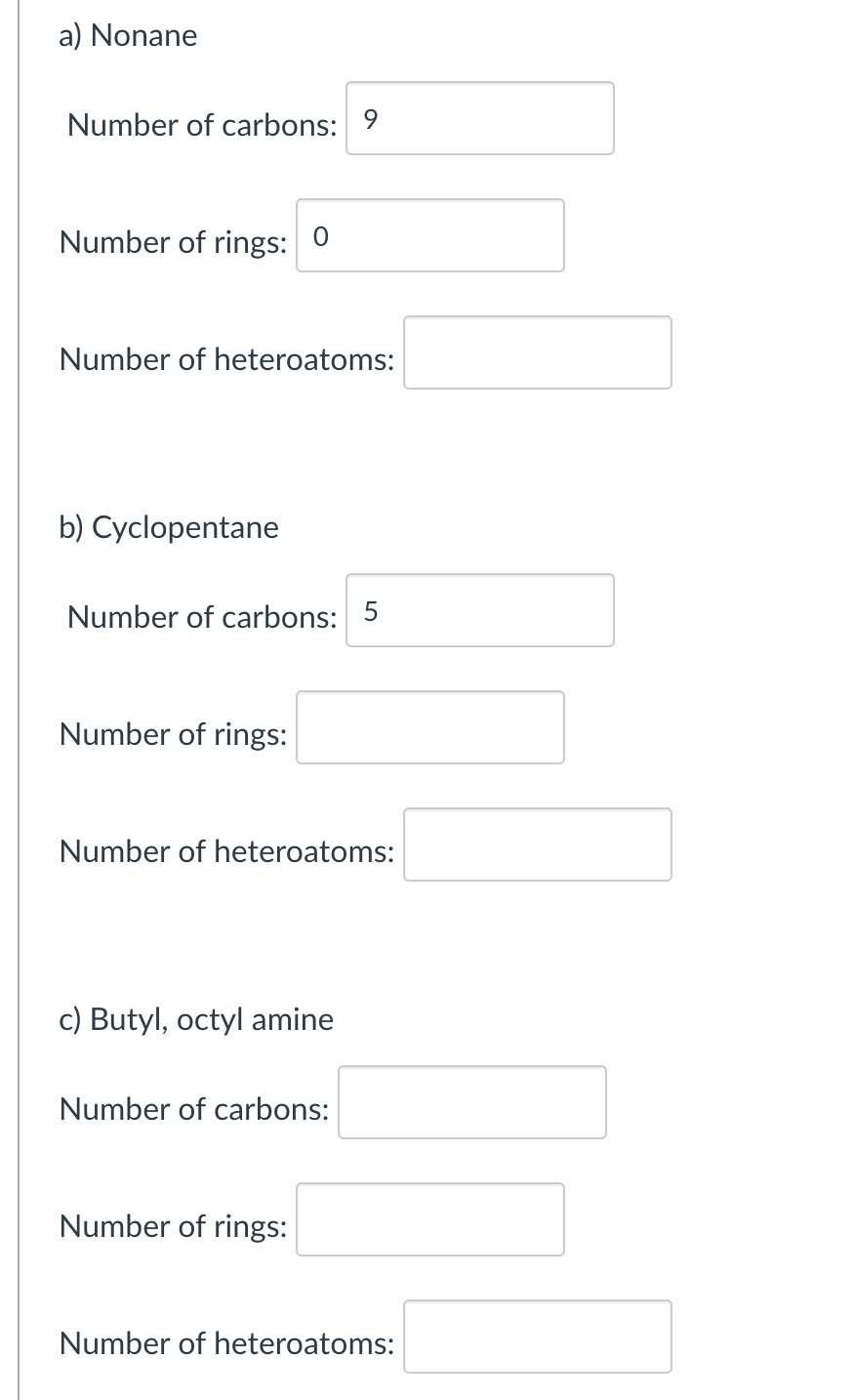 Solved Nonane Vumber of carbons: Jumber of rings: Jumber of | Chegg.com