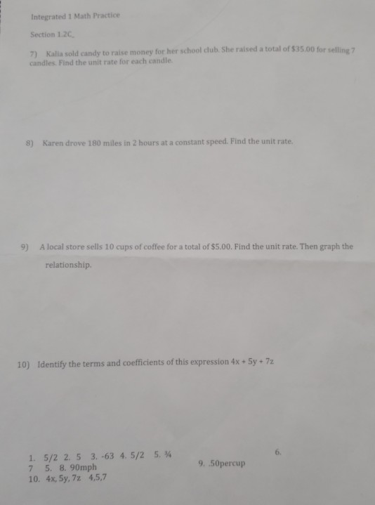 Solved Integrated 1 Math Practice Section 1.2 7) kalla sold | Chegg.com