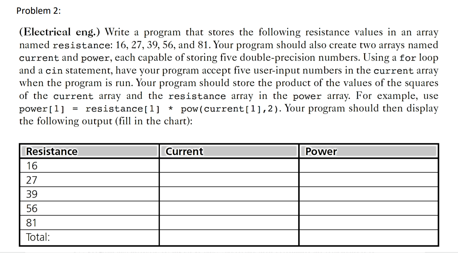Solved Problem 2: (Electrical eng.) Write a program that | Chegg.com