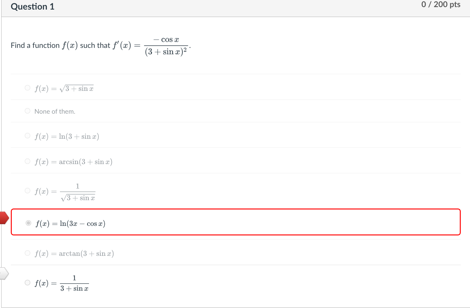 Solved Find a function f(x) such that f′(x)=(3+sinx)2−cosx. | Chegg.com