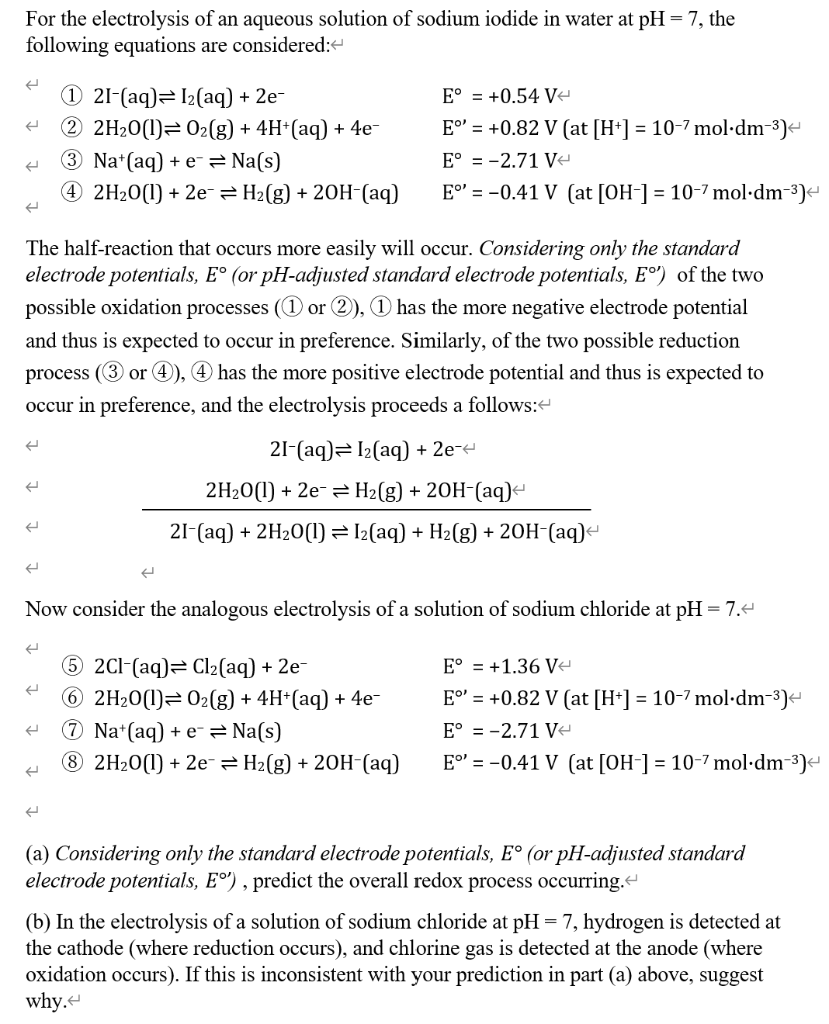 Solved For the electrolysis of an aqueous solution of sodium | Chegg.com