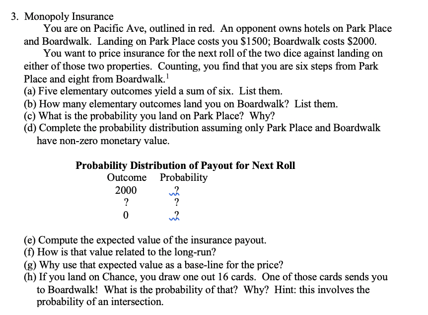 Solved 3. Monopoly Insurance You are on Pacific Ave, | Chegg.com