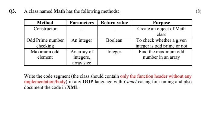 Solved Q3. A class named Math has the following methods: (8) | Chegg.com