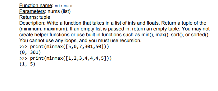 Solved Function name: minmax Parameters: nums (list) | Chegg.com