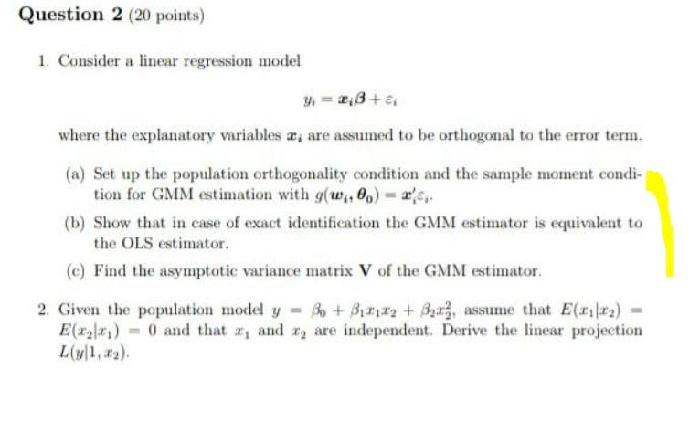 Solved Question 2 (20 points) 1. Consider a linear | Chegg.com